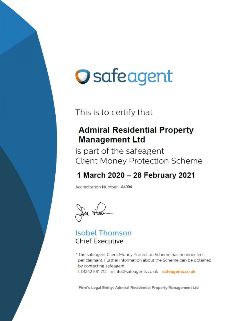 Client Money Protection Certificate 2020-2021 | Admiral Estates